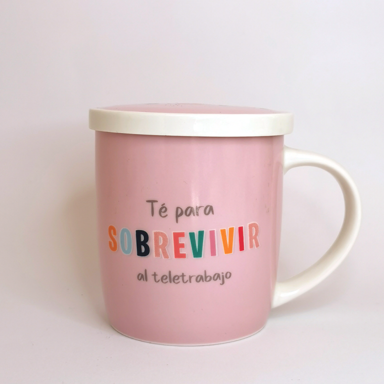 Taza para té con tapa y filtro «Teletrabajo» – Entre Tés y Cafés